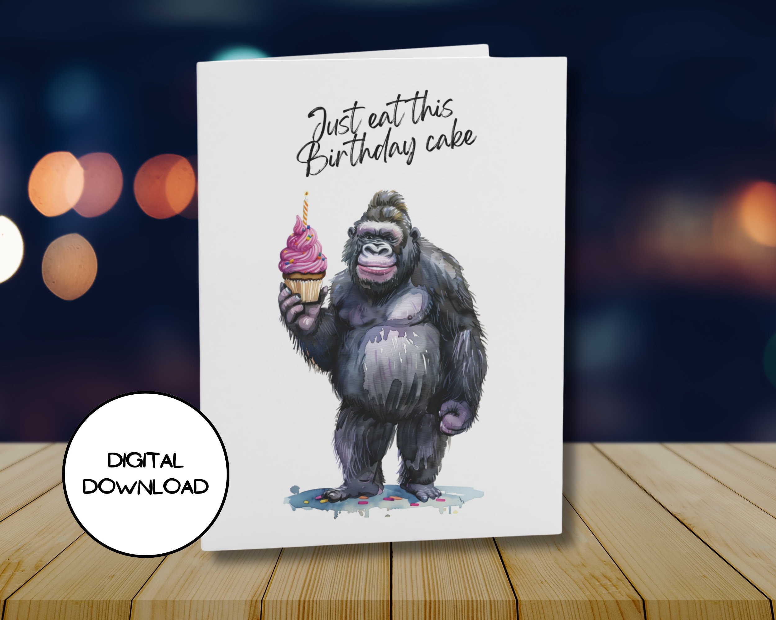 Digital Funny Gorilla Birthday Card L Eat Birthday Cake L Envelop ...