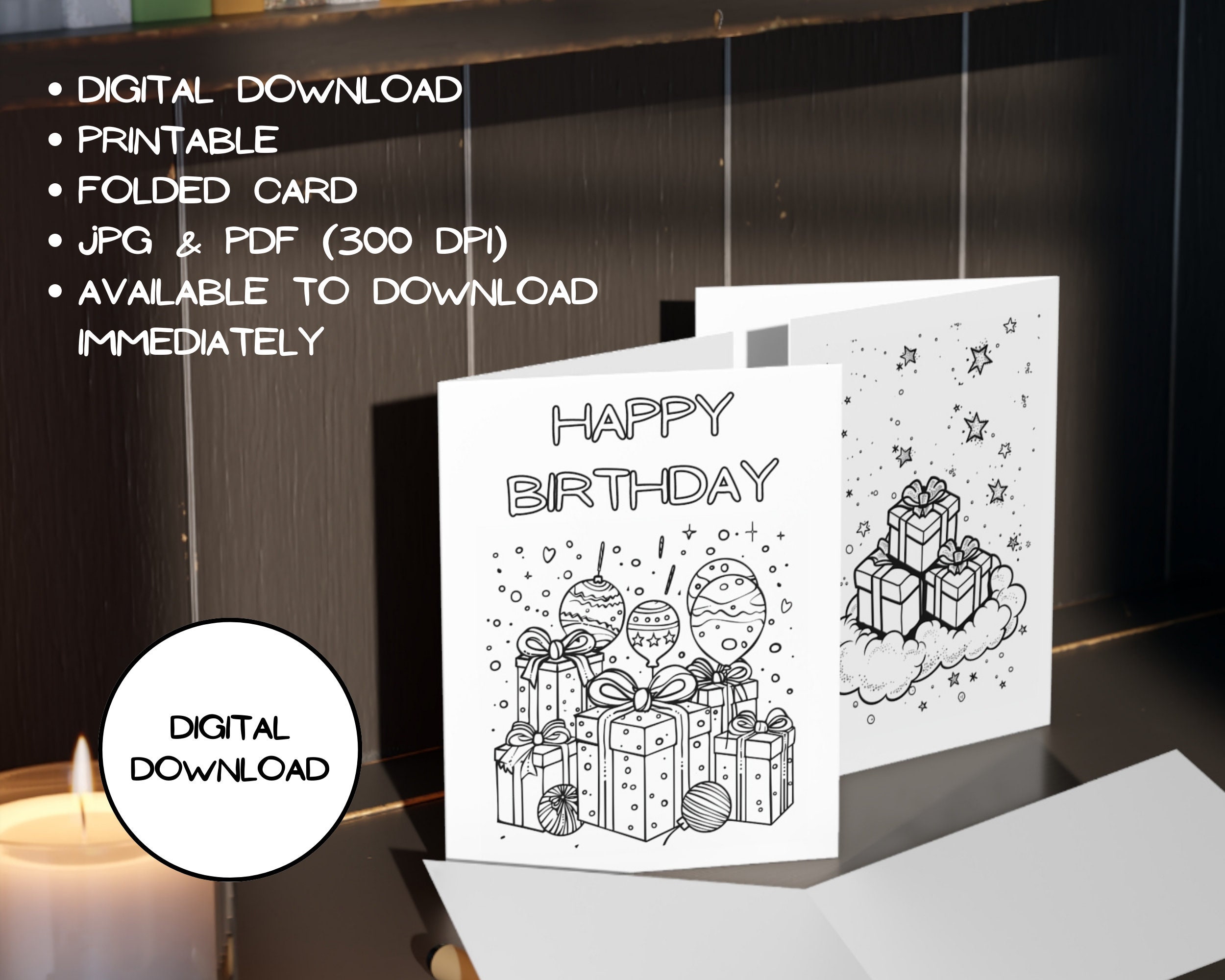 Party Birthday Card L Gift Box and Balloon L Kids Coloring Card L ...