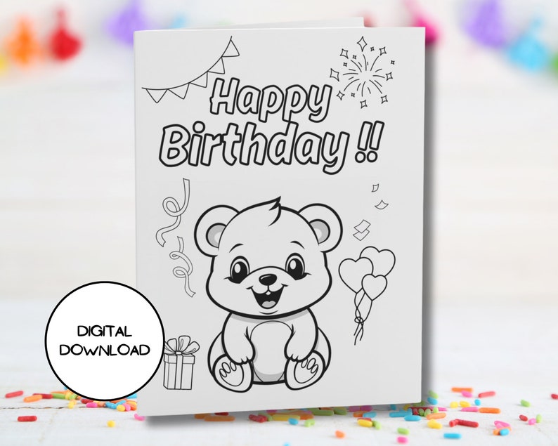 Happy Bear Coloring Digital Birthday Card L Children Printable Envelop ...