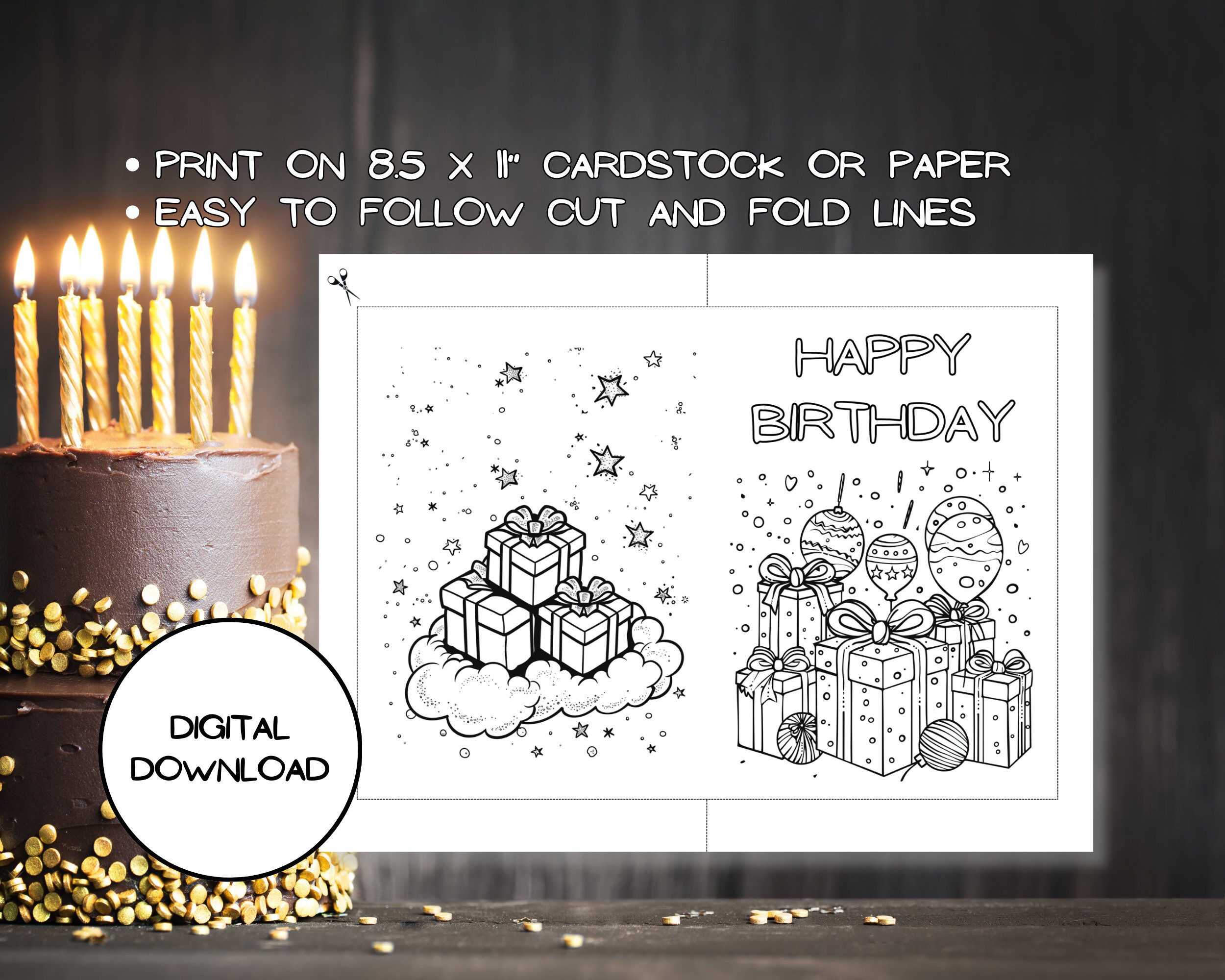 Party Birthday Card L Gift Box and Balloon L Kids Coloring Card L ...