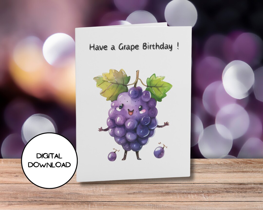 Digital Cute Grape Birthday Card L Funny Greeting Postcard L Envelop ...