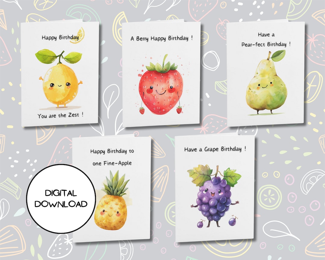 5 Digital Juicy Fruit Design Birthday Card L Printable Cute Watercolor ...