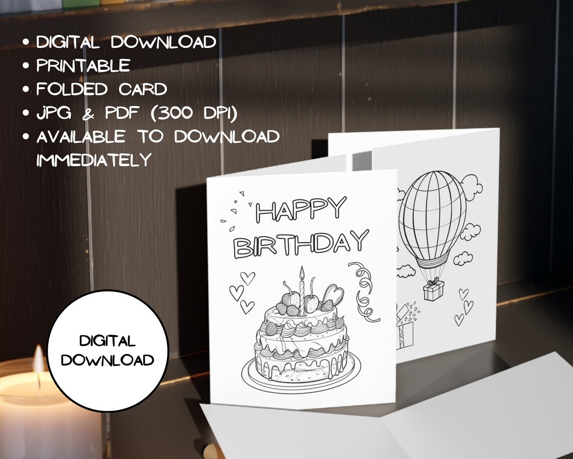 Printable Happy Birthday Cake Card L Kids Coloring Greeting Card L ...