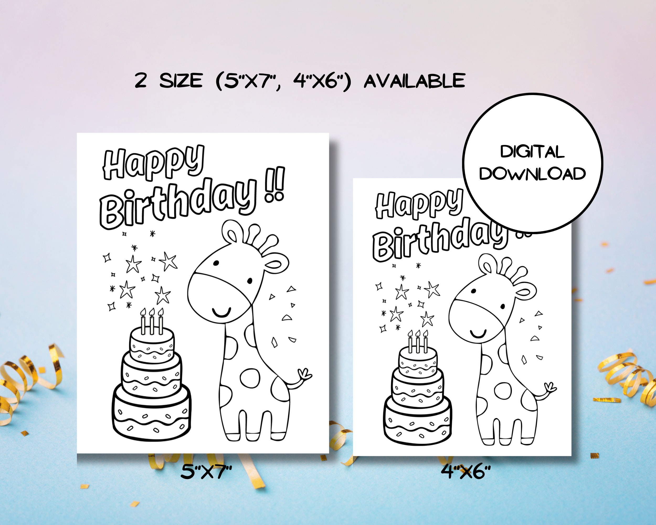 Happy Giraffe Digital Coloring Birthday Card L Printable Envelop ...