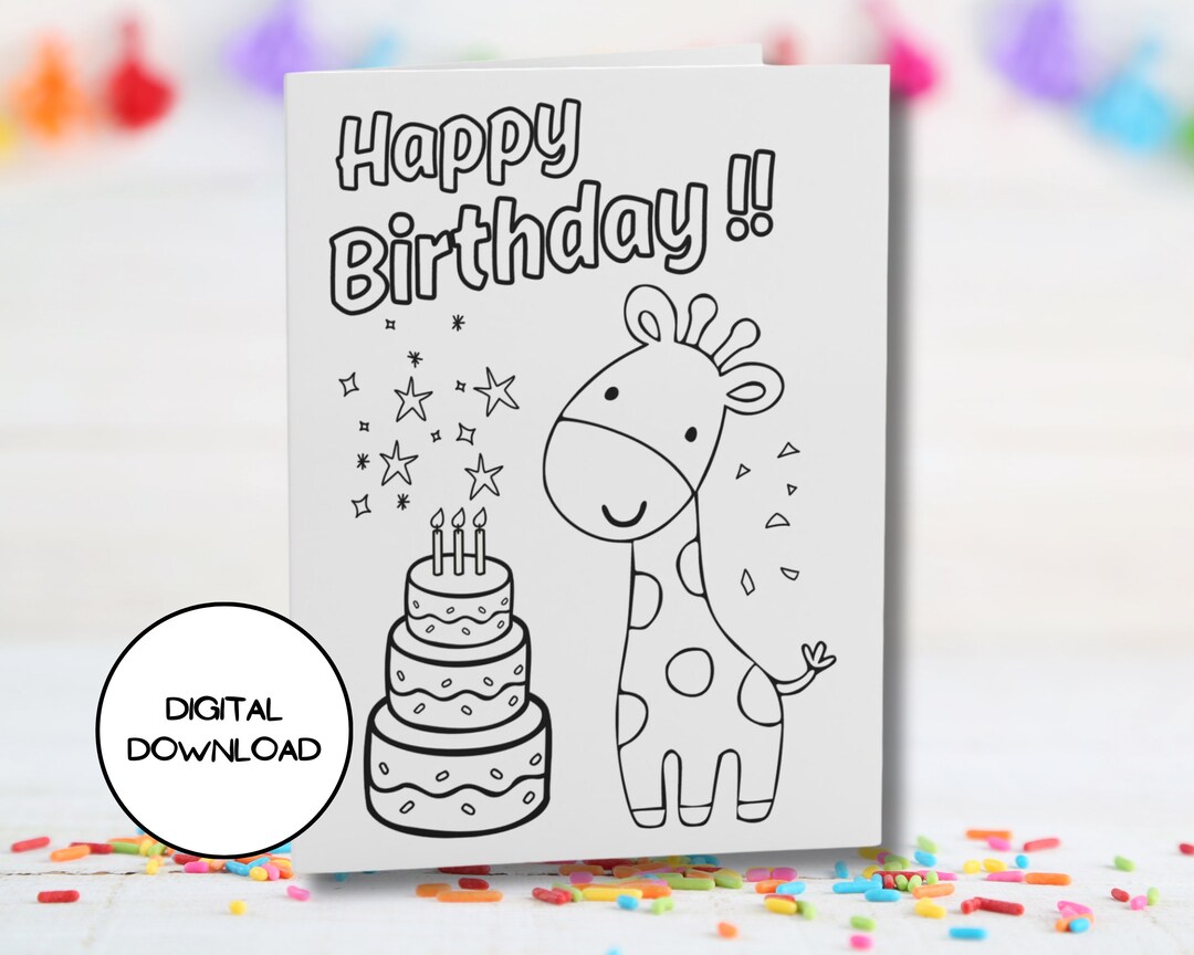 Happy Giraffe Digital Coloring Birthday Card L Printable Envelop ...