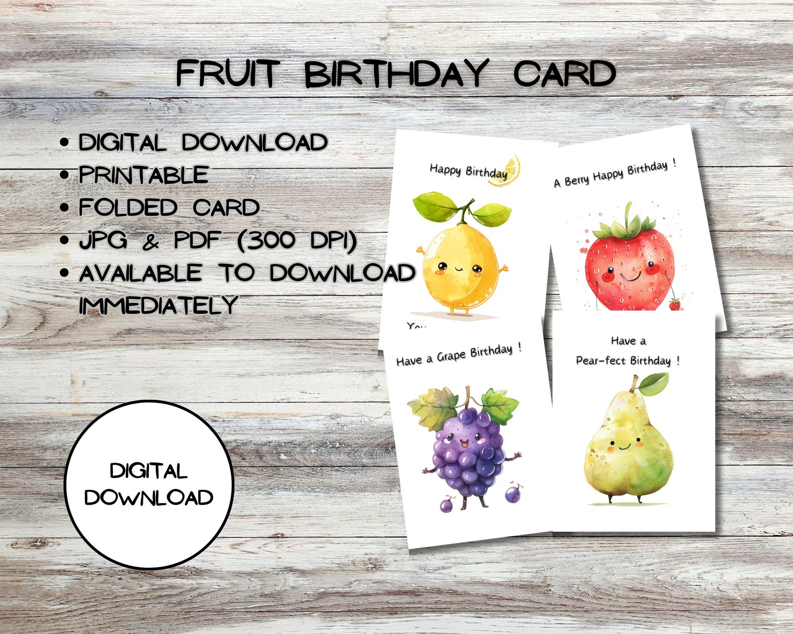 5 Digital Juicy Fruit Design Birthday Card L Printable Cute Watercolor ...