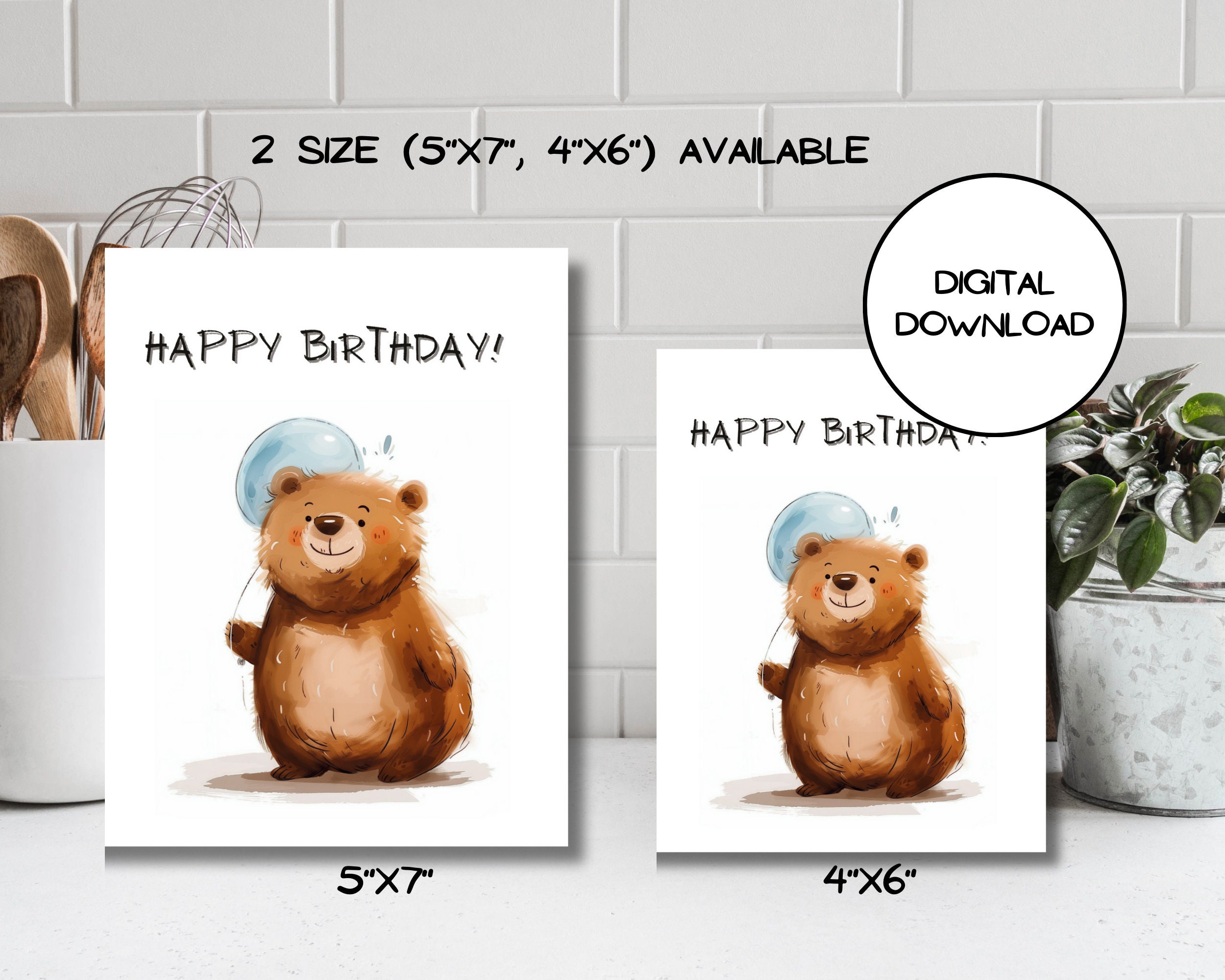 Printable Cute Bear With Blue Balloon Birthday Card L Funny Greeting ...