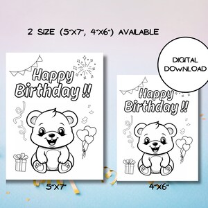 Happy Bear Coloring Digital Birthday Card L Children Printable Envelop ...
