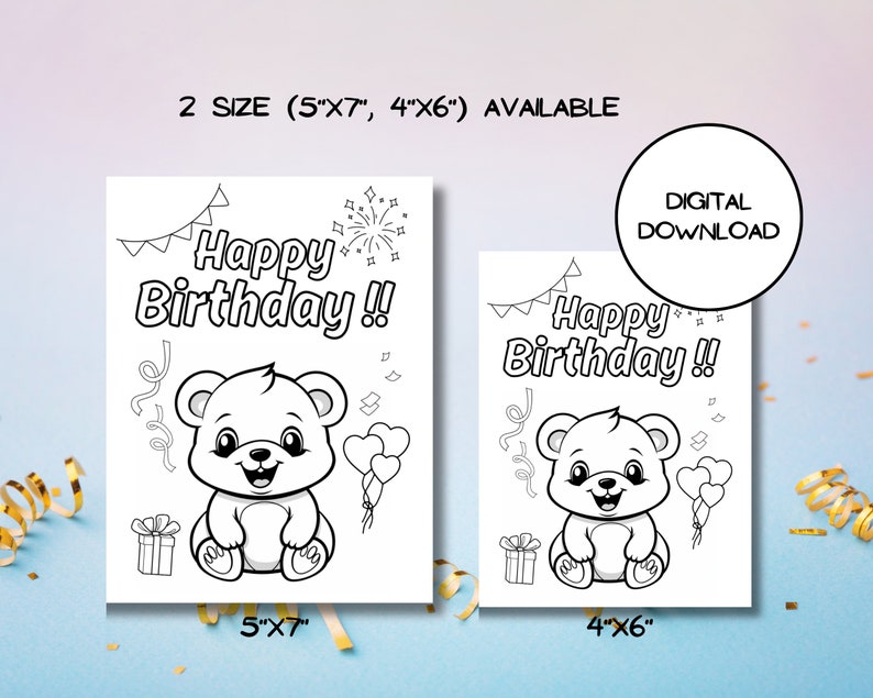 Happy Bear Coloring Digital Birthday Card L Children Printable Envelop ...