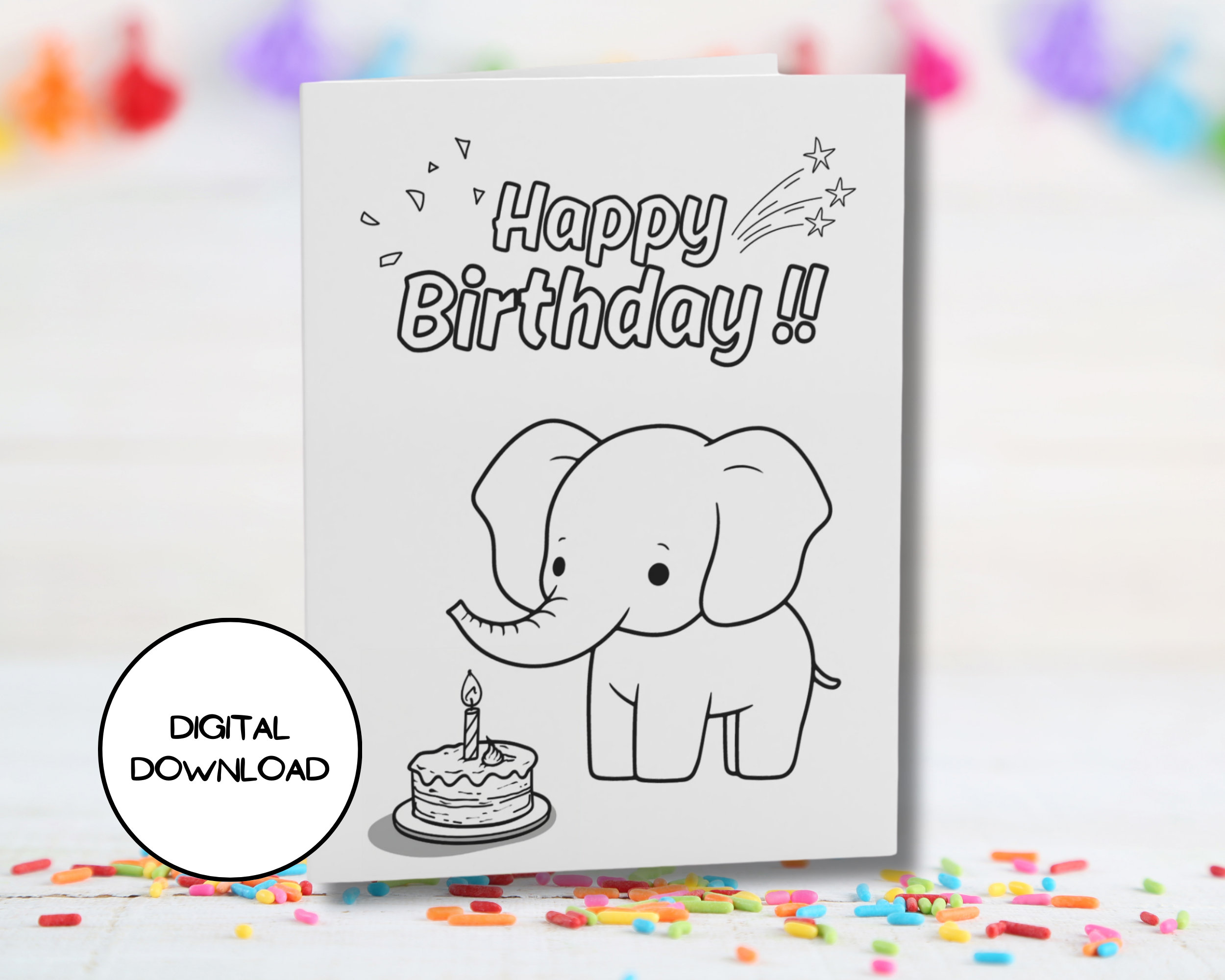 Happy Elephant Coloring Digital Birthday Card L Printable Envelop ...