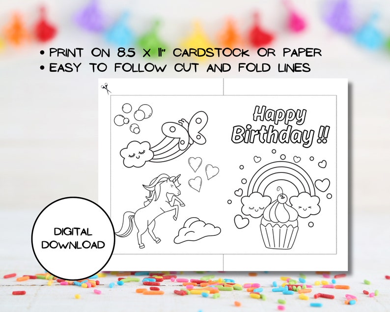 Happy Rainbow Cake Digital Coloring Birthday Card L Printable Envelop ...