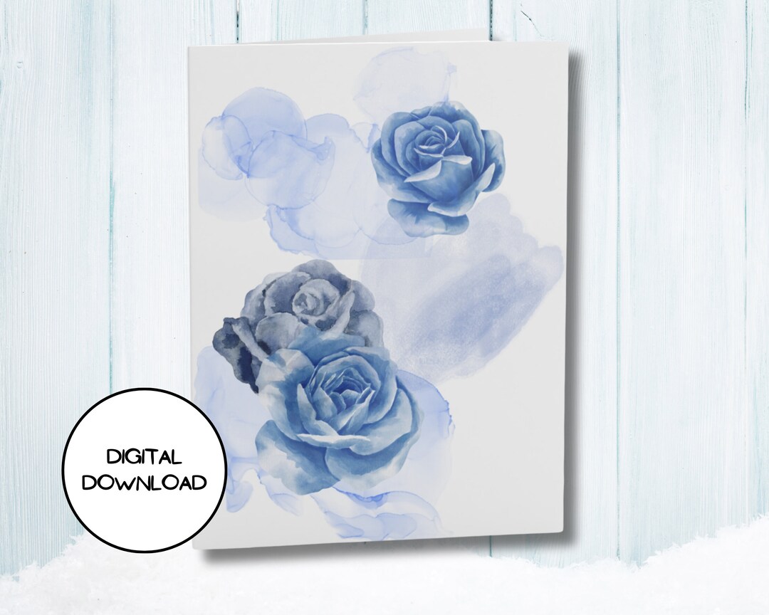 Printable Warm Blue Flower Greeting Card L Watercolor Floral Blank ...