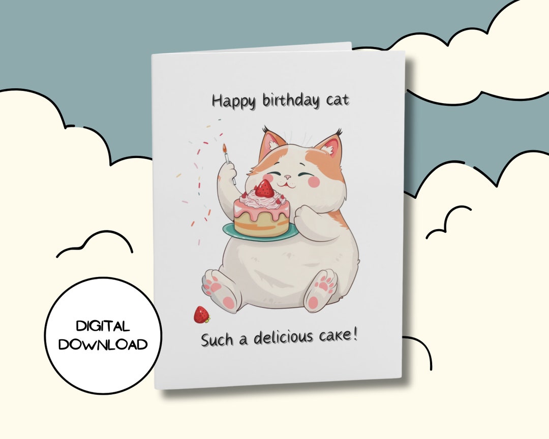 Digital Cute Kitten With Birthday Cake Card L Printable Cartoon Cat ...
