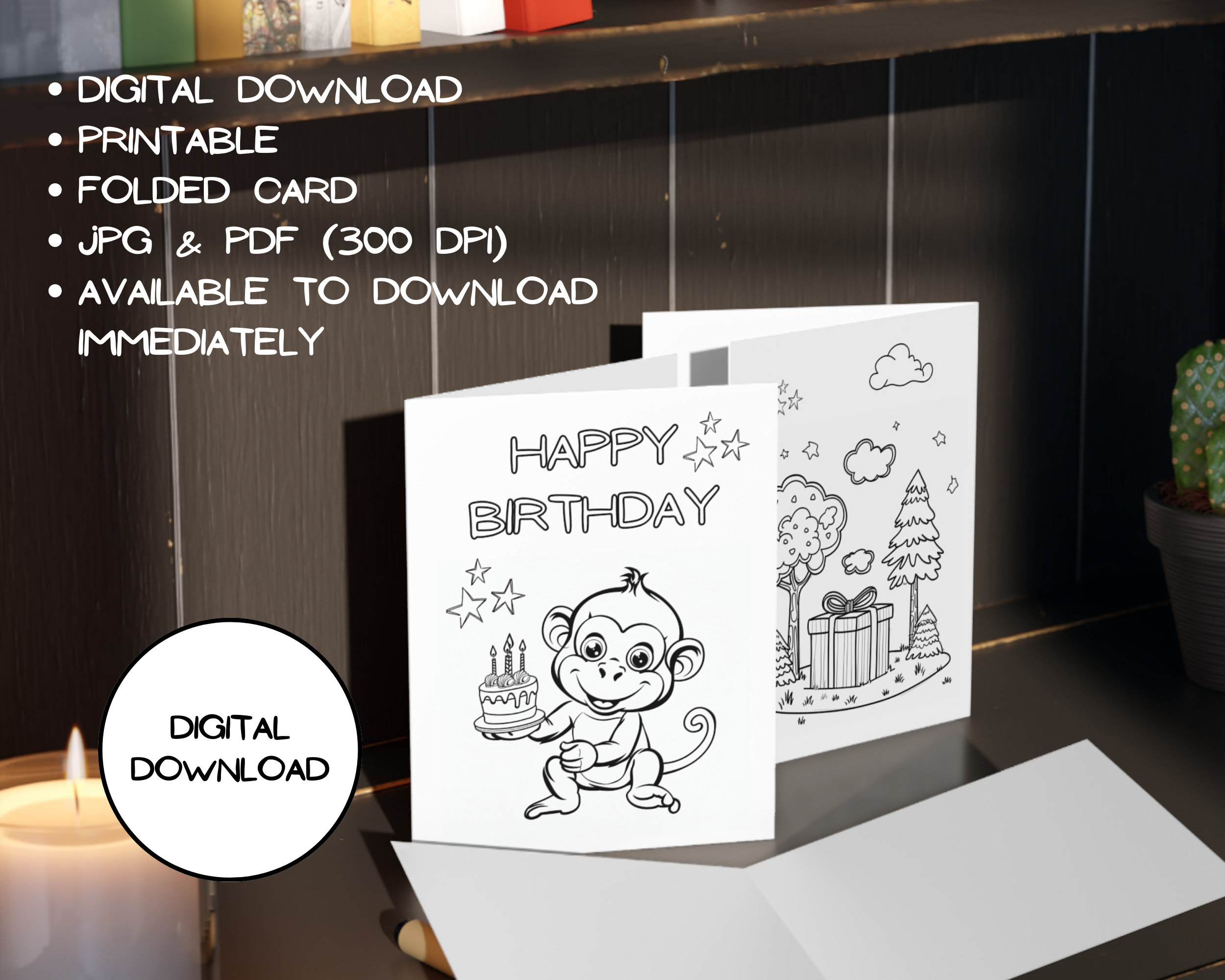 Monkey Birthday Card L Kids Coloring Birthday Card L Printable Envelop ...