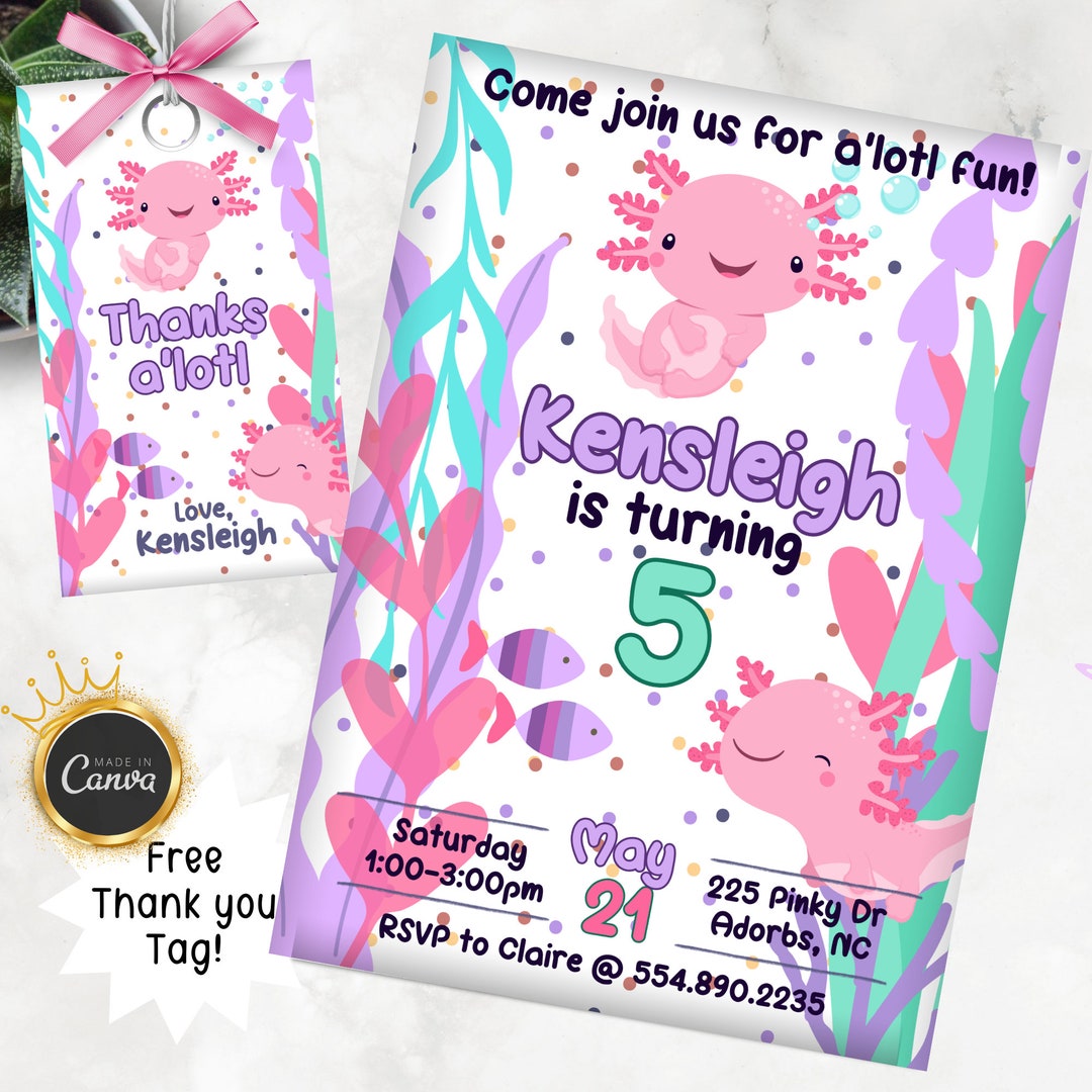 Axolotl Birthday Invitation Under the Sea Axolotls With Fish and ...