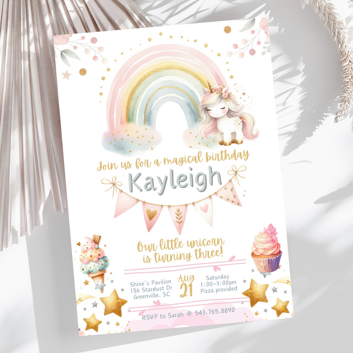 Unicorn Birthday Invitation With Unicorns and Rainbows for Girls, Cute ...