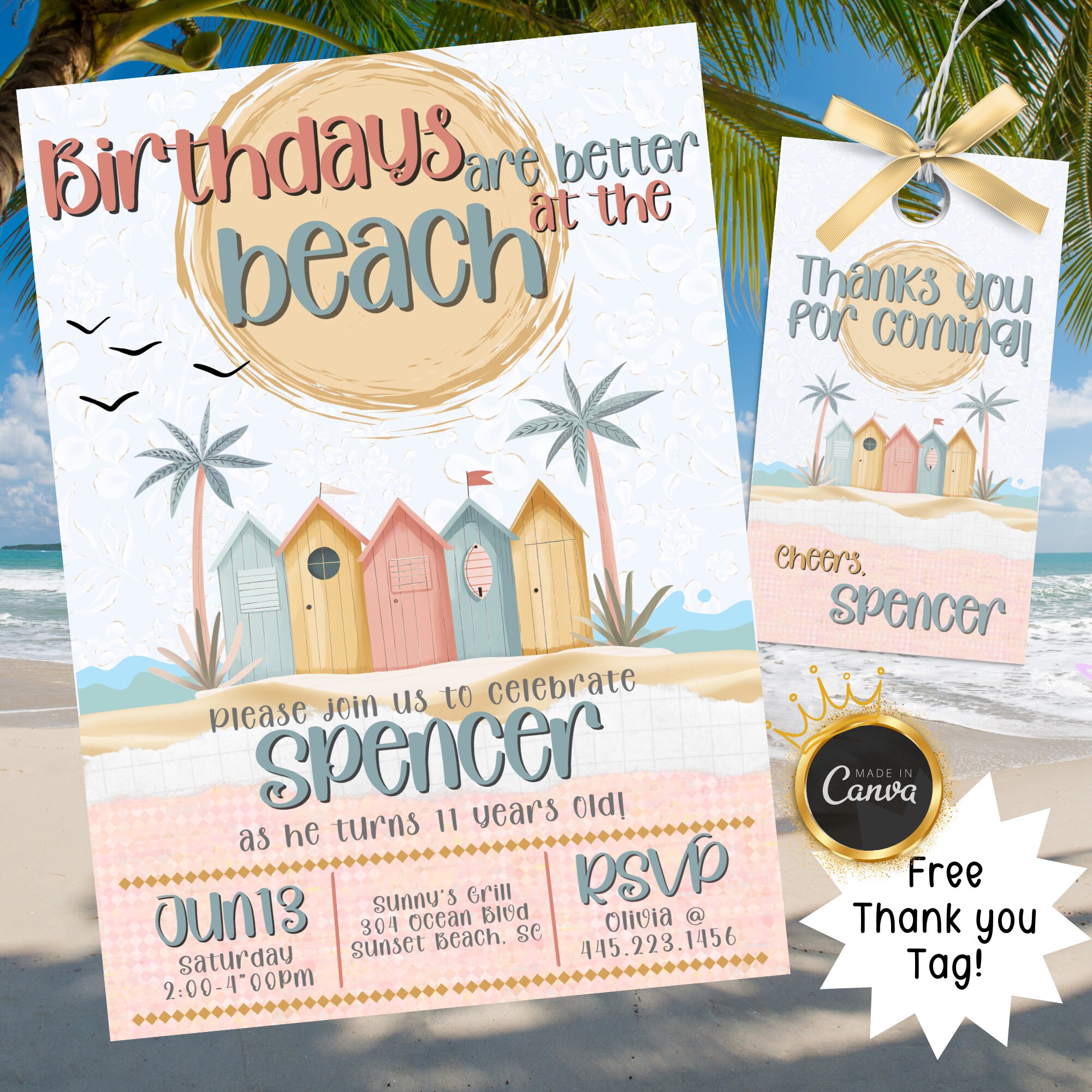 Beach Birthday Invitation for Boy or Girl Boho Style With Beach Huts ...