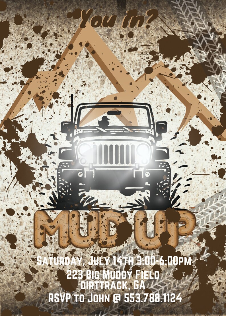 Off Road Vehicle Birthday Invitation Mud 4X4 Tire Tracks Rubber Duck ...