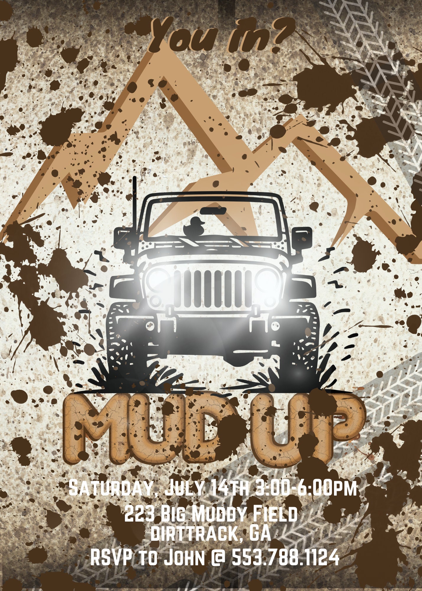 Off Road Vehicle Birthday Invitation Mud 4X4 Tire Tracks Rubber Duck ...