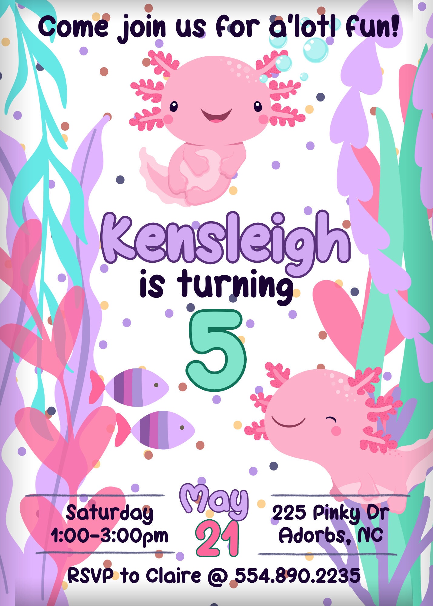 Axolotl Birthday Invitation Under the Sea Axolotls With Fish and ...