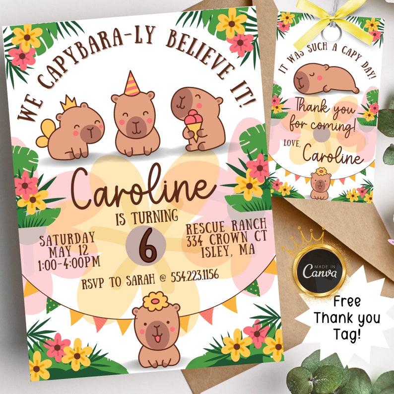 Capybara Birthday Invitation Capybara Celebration Jungle Theme Baby ...