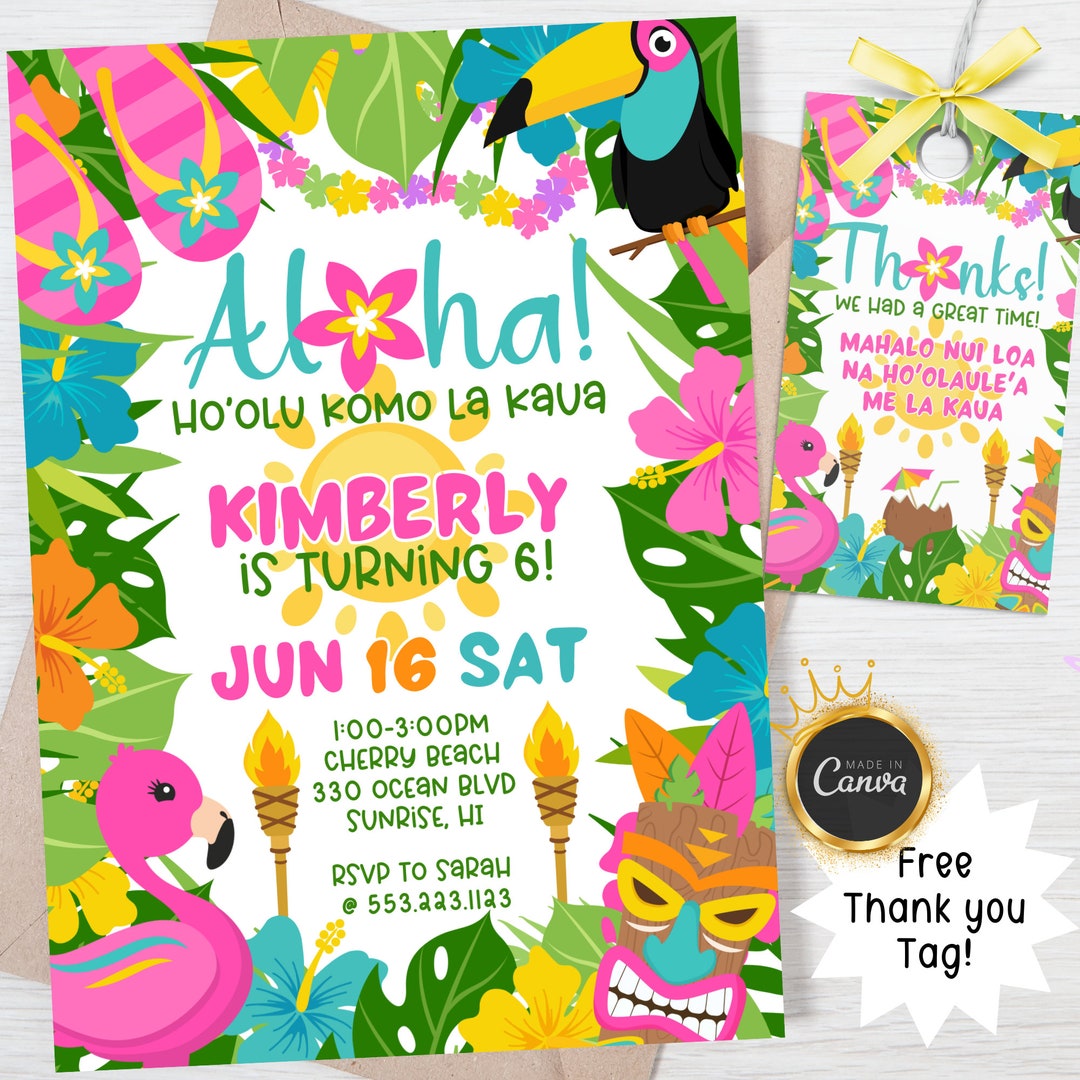 Aloha Luau Hawaiian Birthday Invitation With Flamingo, Bird, Flipflops ...