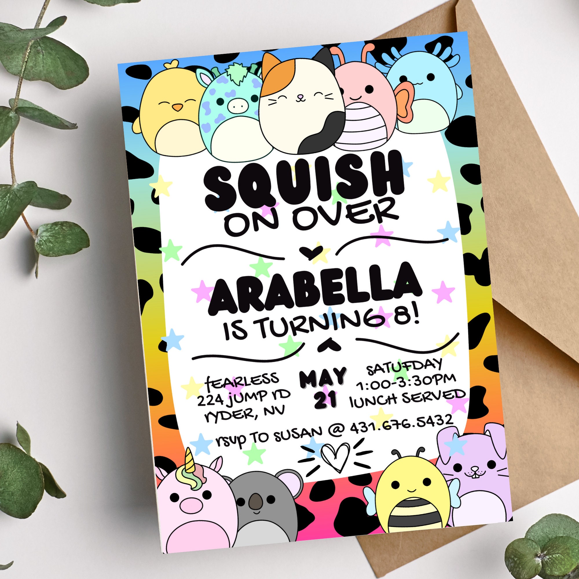 Squishmallow Birthday Invitation With Leopard Print Squish Birthday ...