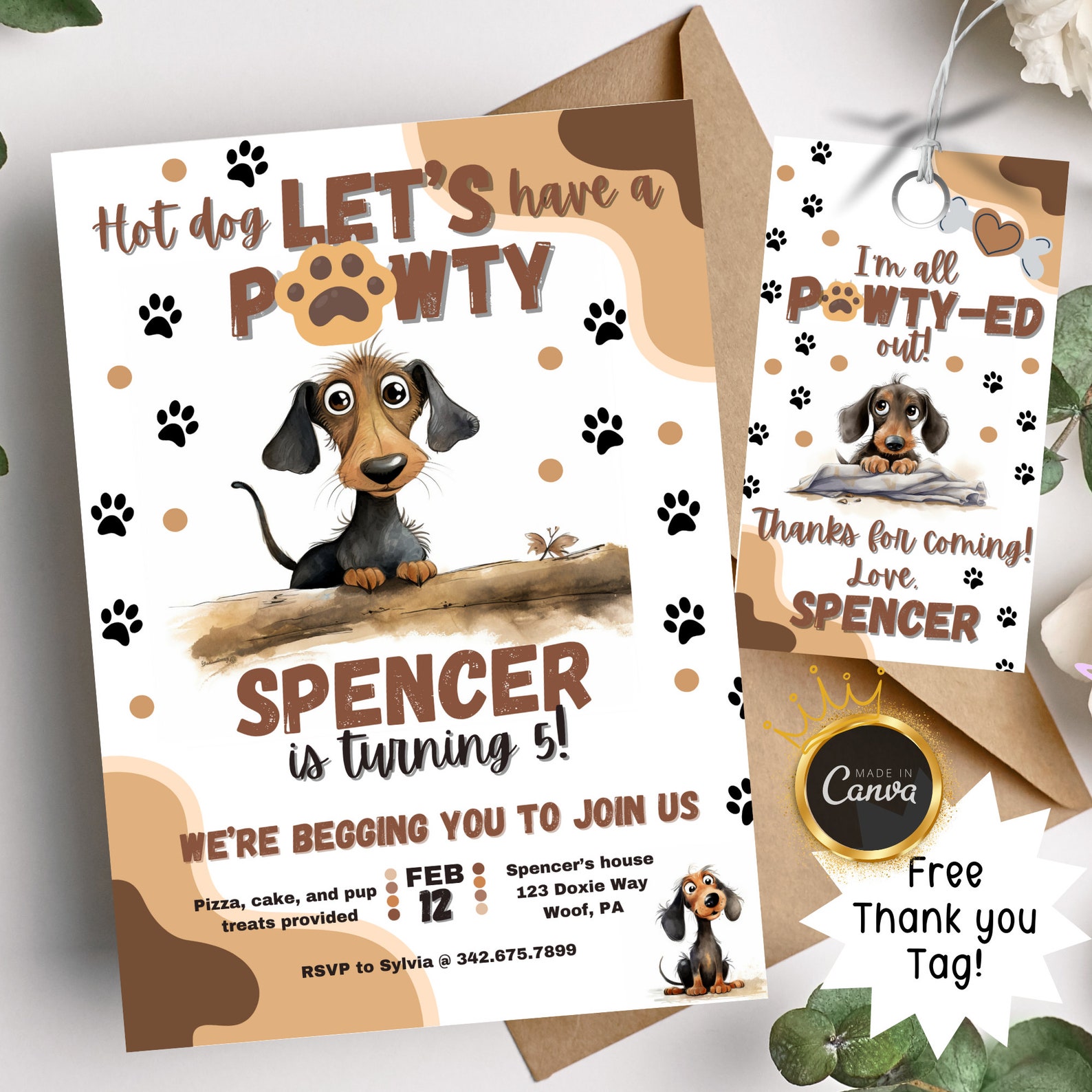 Dachshund Dog Party Birthday Invitation With Wiener Dog, Puppy Dog Cute ...