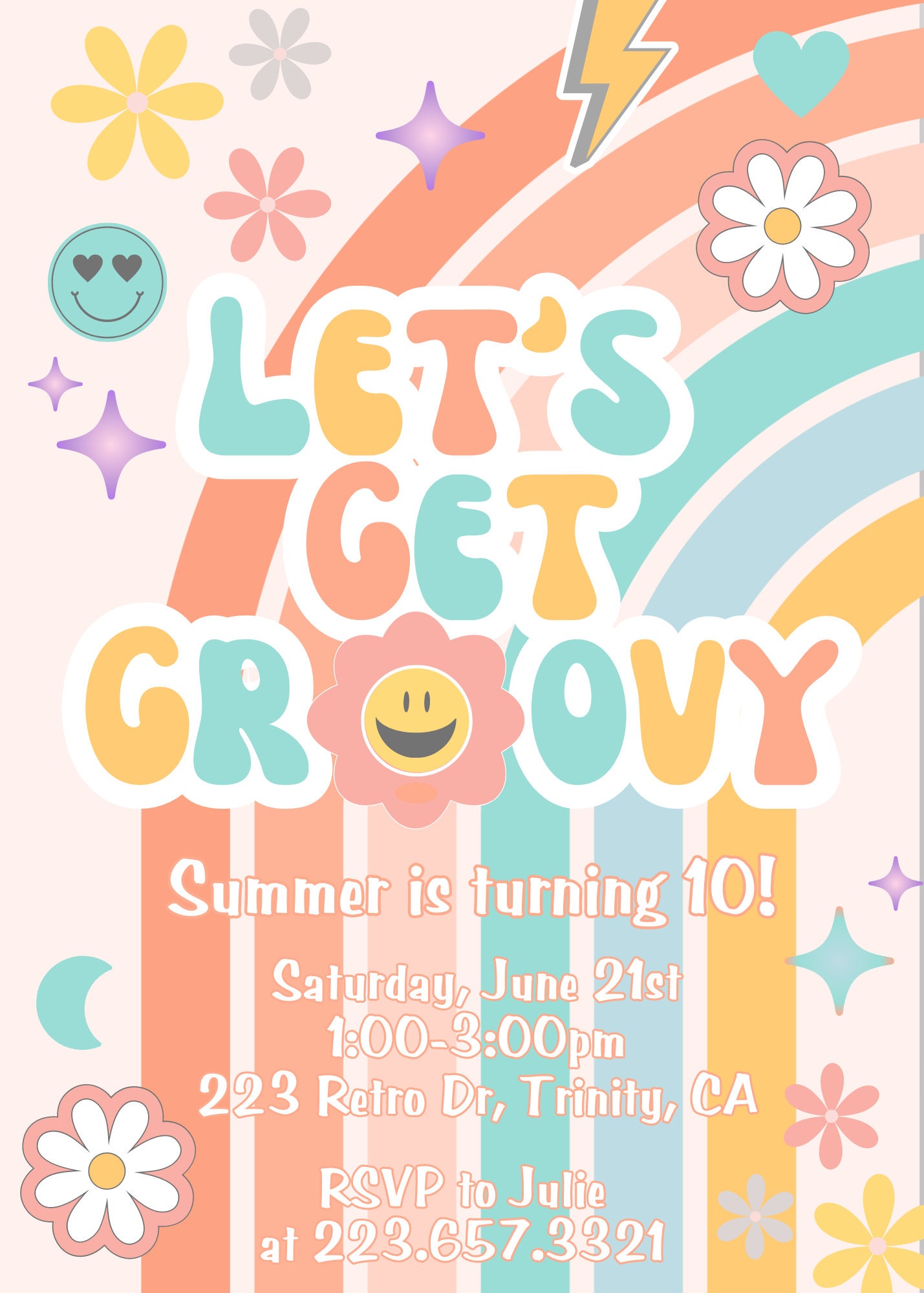 Let's Get Groovy Preppy Birthday Invitation Girls Birthday Happy Face ...