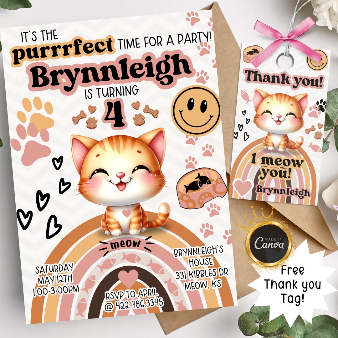 Purrrfect Preppy Birthday Invitation Boho Rainbow With Orange Cat Paw ...