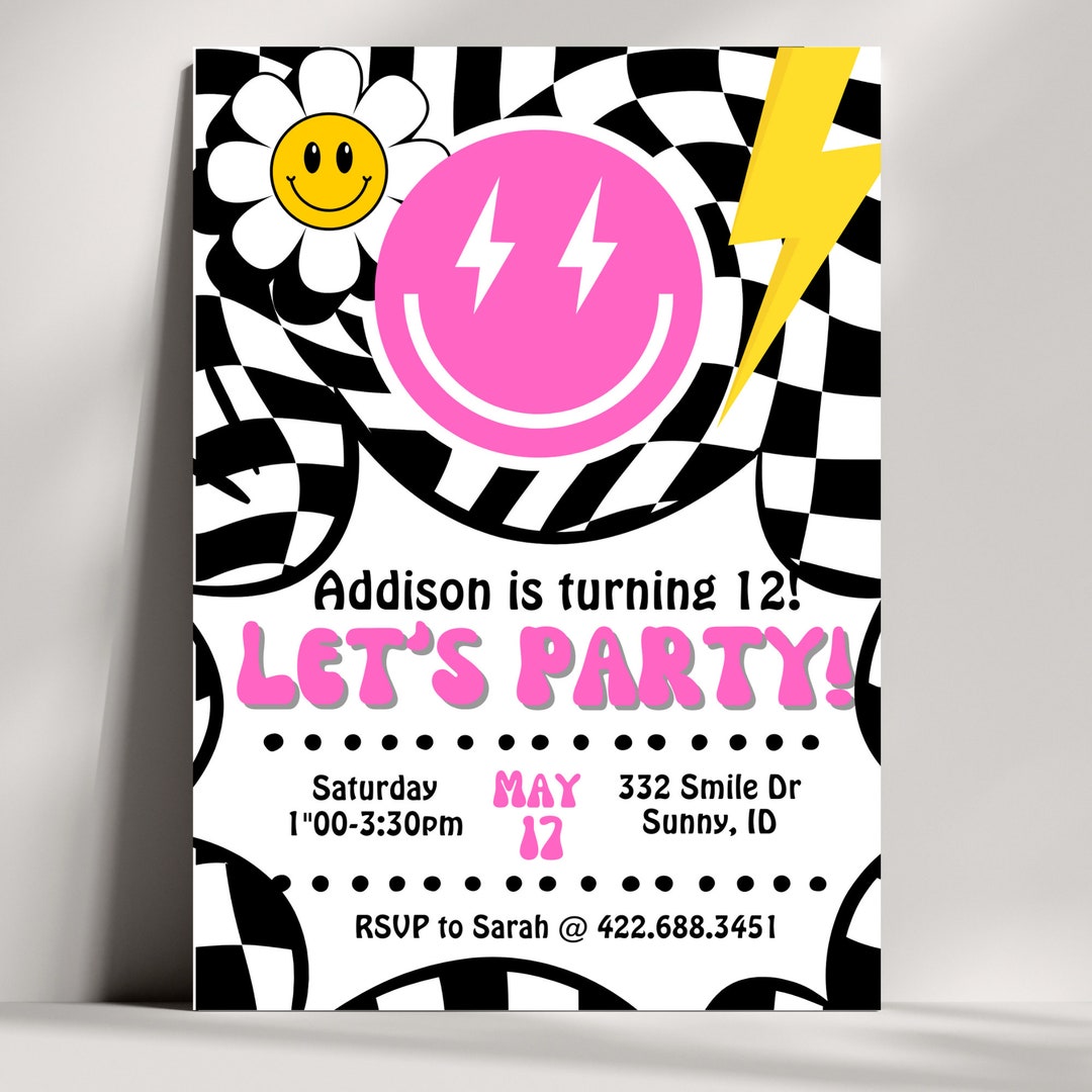 Happy Face Preppy Retro Birthday Invitation Smiley Face Lightning Bolt ...