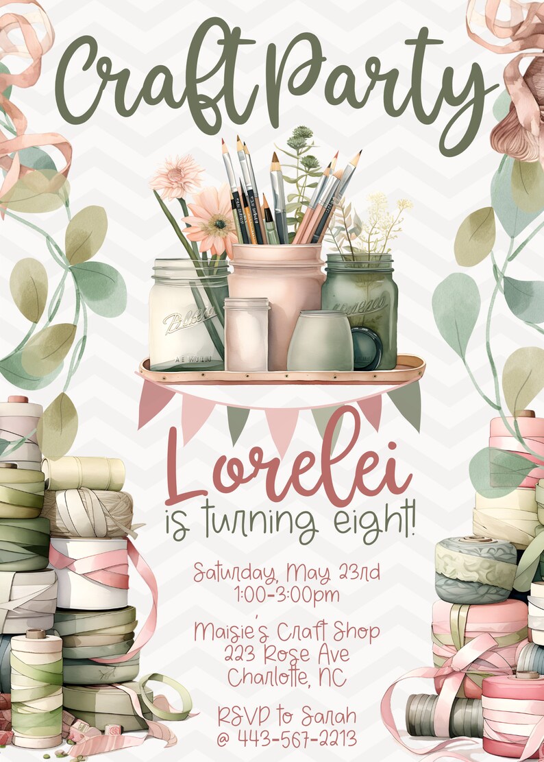 Craft Party Birthday Invitation Paint Jars Paint Brushes Ribbon and ...