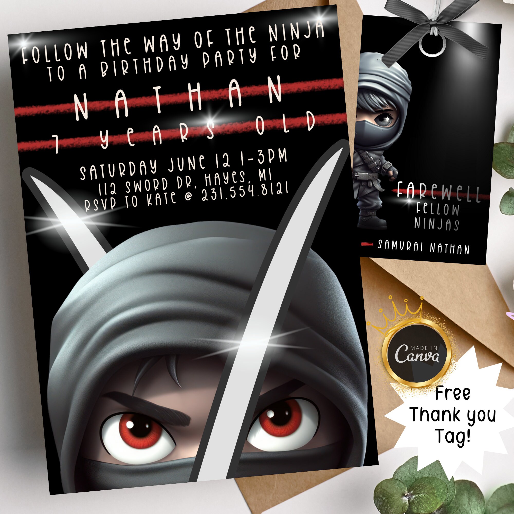 Ninja Birthday Invitation Ninja Peeking up Ninja Theme Samurai Ninja ...