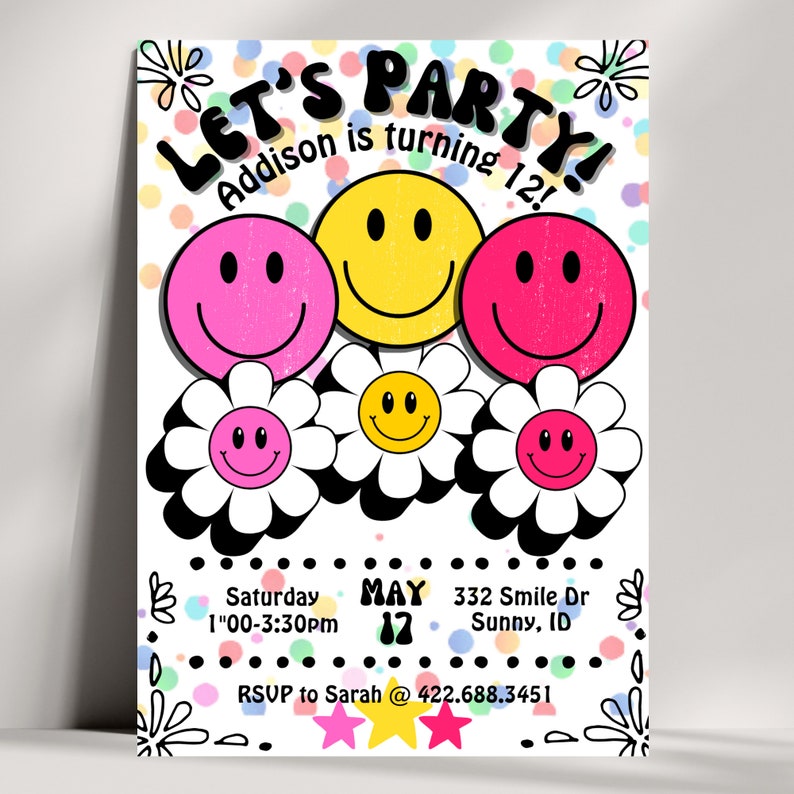 Smiley Face Preppy Retro Birthday Invitation Flower Sticker Face, Lets ...