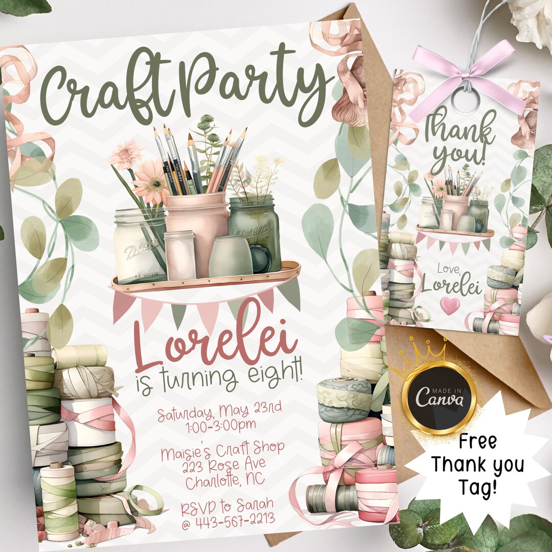 Craft Party Birthday Invitation Paint Jars Paint Brushes Ribbon and ...