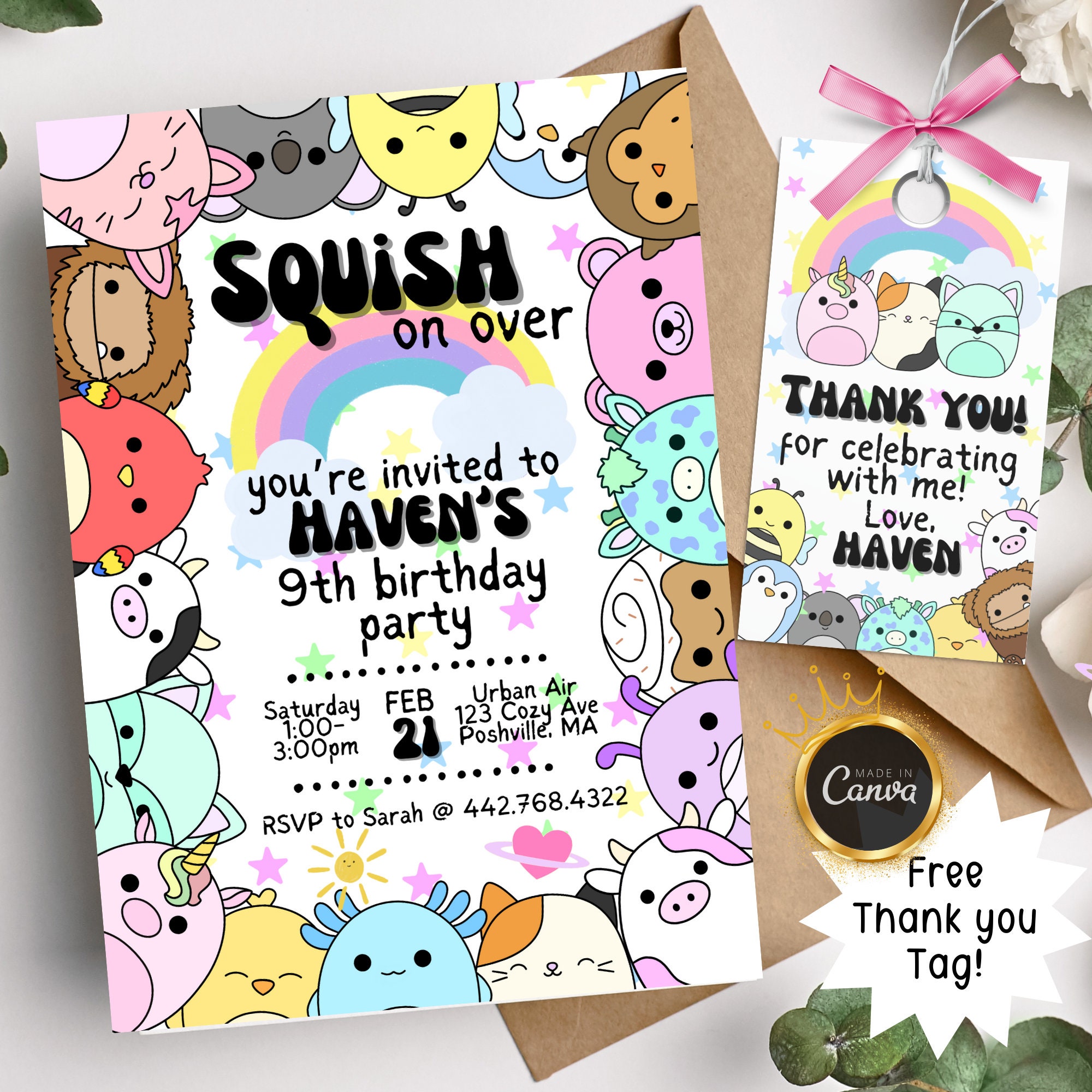 Squish Party Birthday Invitation for Girls With Free Thank You Tag ...