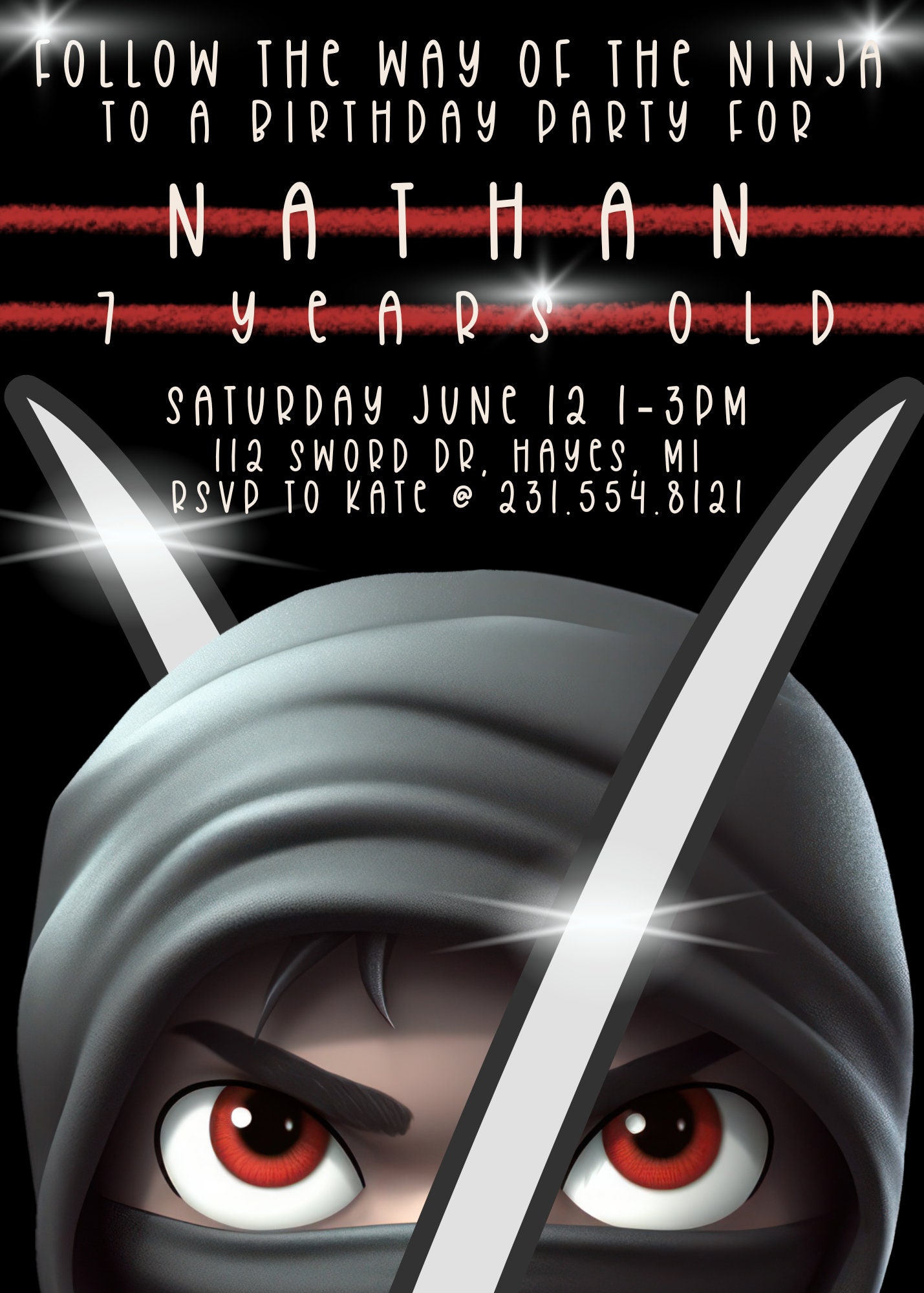 Ninja Birthday Invitation Ninja Peeking up Ninja Theme Samurai Ninja ...