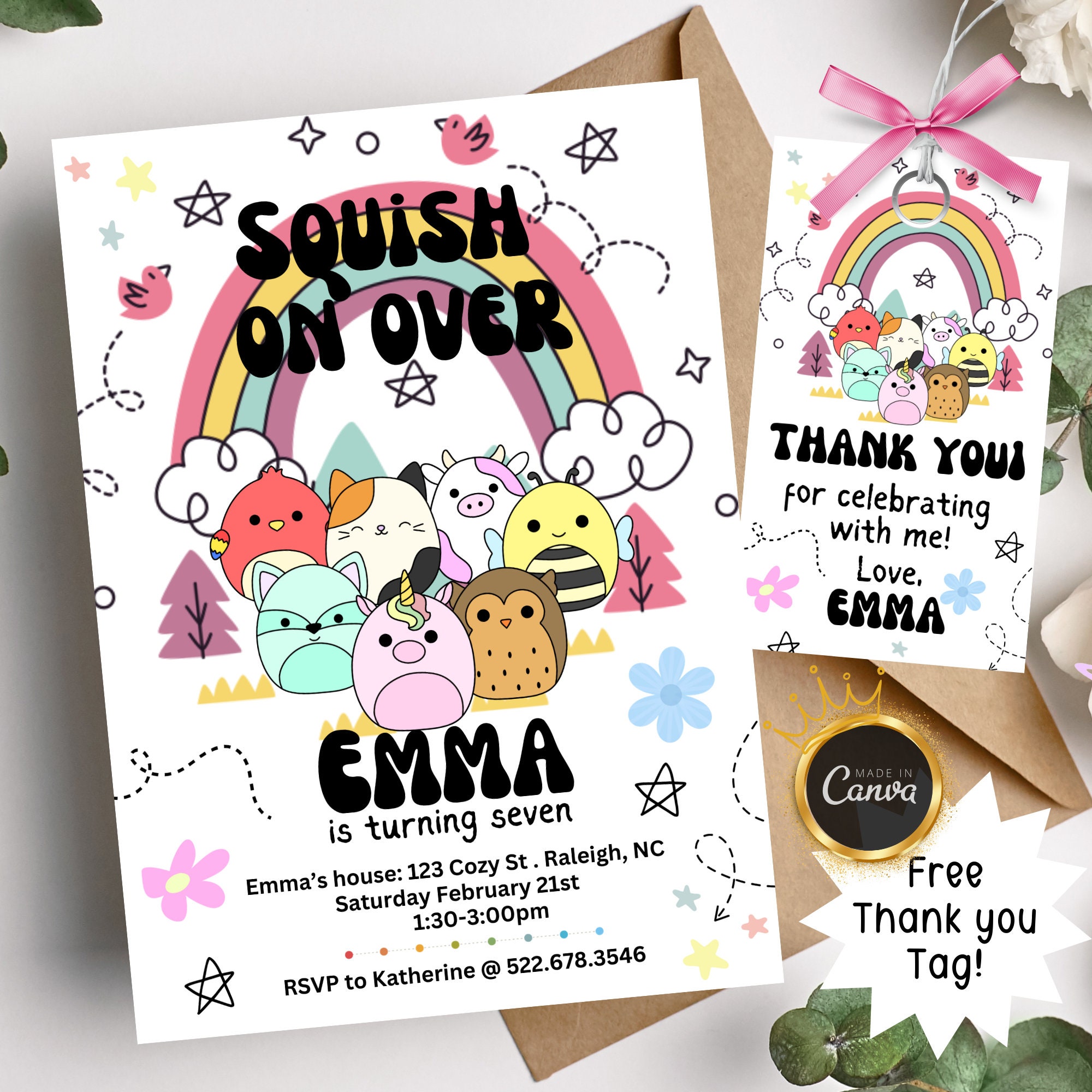 Squishmallow Party Birthday Invitation for Girls With Thank You Tag ...