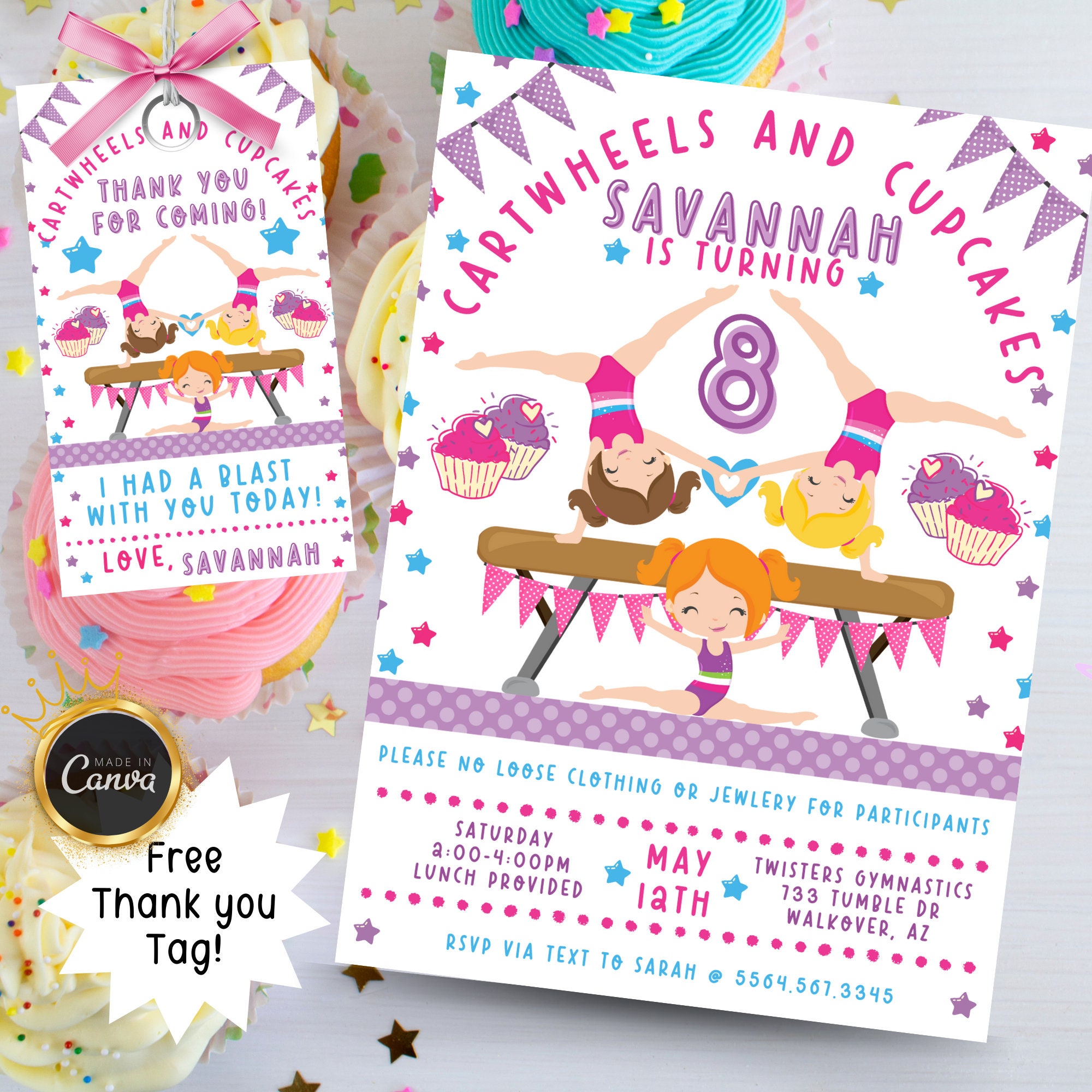 Gymnastics Cartwheels and Cupcakes Birthday Invitation Tumbling Gymnast ...