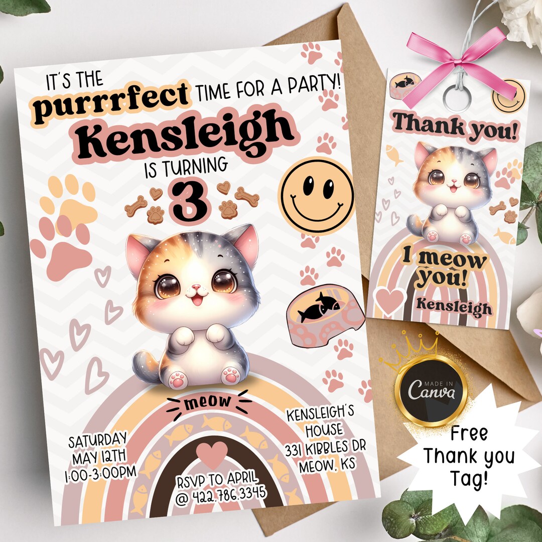 Purrrfect Preppy Birthday Invitation Boho Rainbow With Calico Cat Paw ...