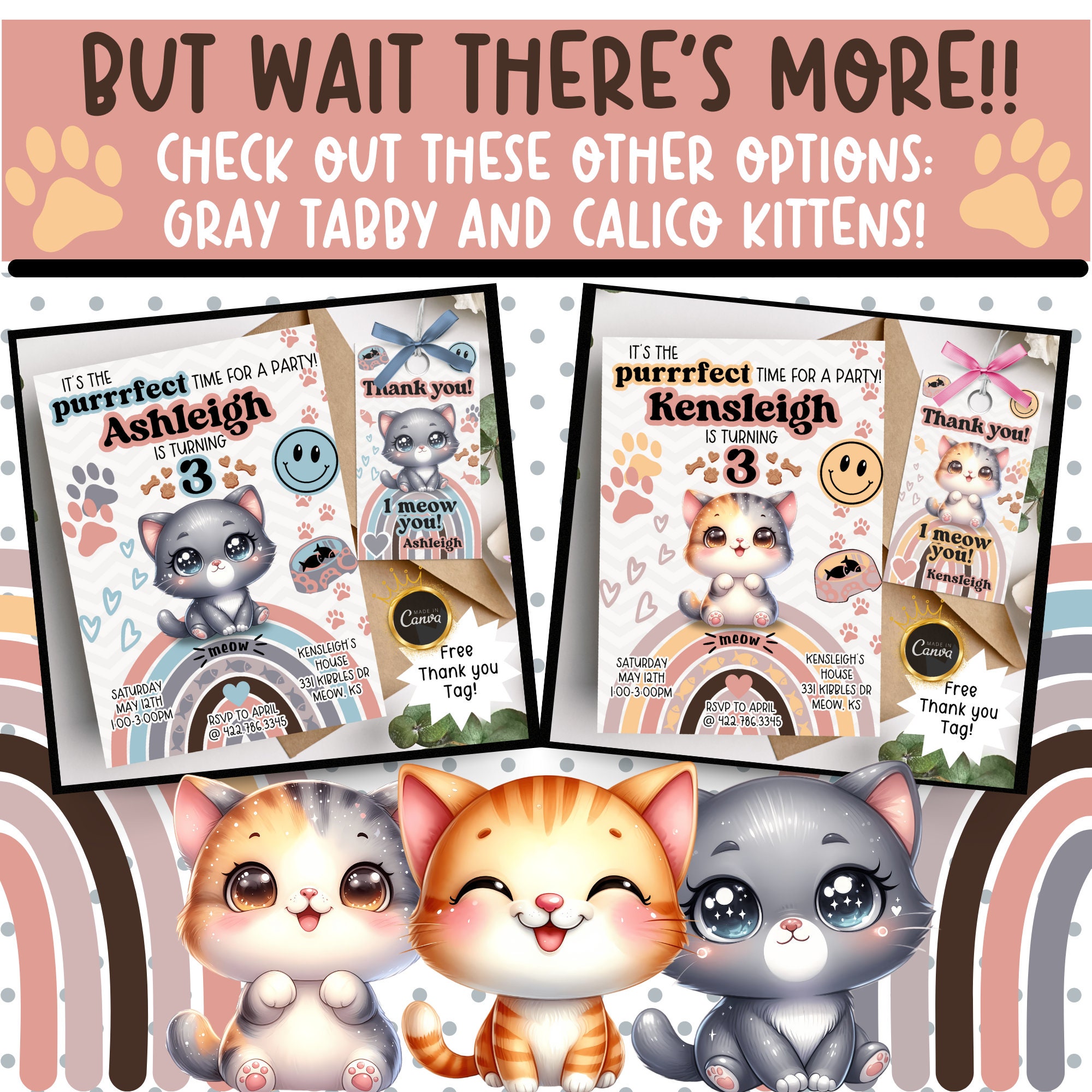 Purrrfect Preppy Birthday Invitation Boho Rainbow With Orange Cat Paw ...