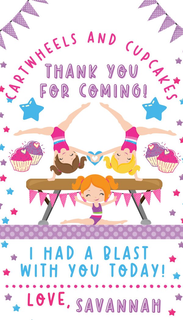 Gymnastics Cartwheels and Cupcakes Birthday Invitation Tumbling Gymnast ...