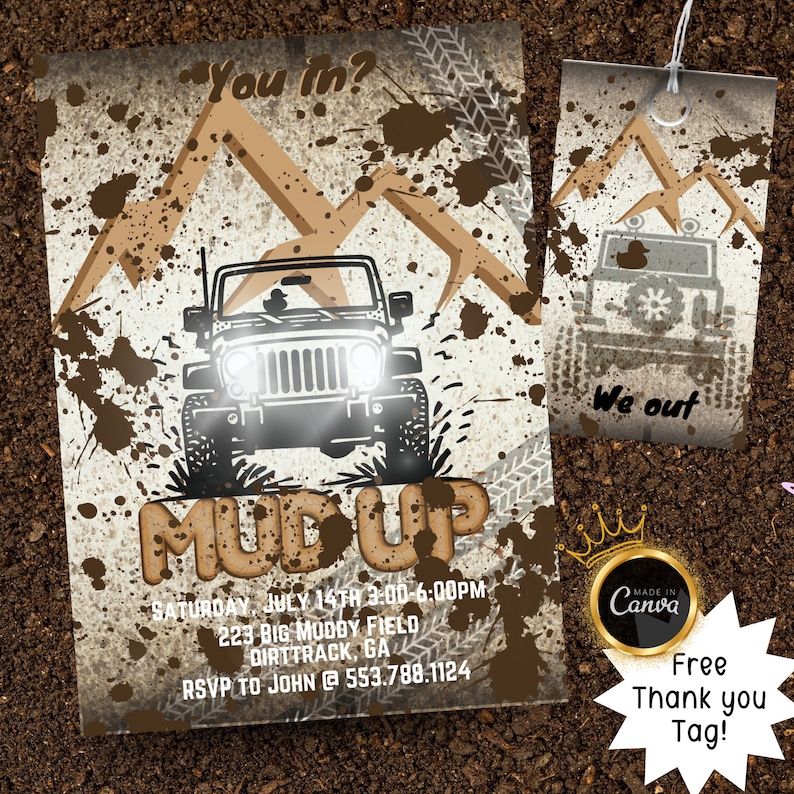 Off Road Vehicle Birthday Invitation Mud 4X4 Tire Tracks Rubber Duck ...