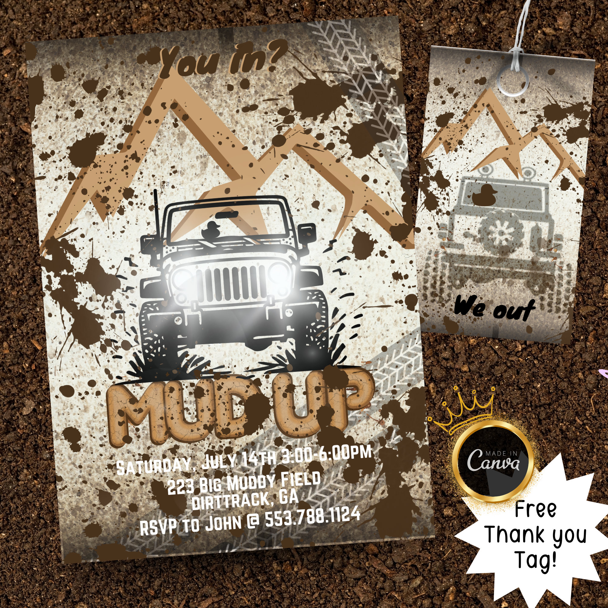 Off Road Vehicle Birthday Invitation Mud 4X4 Tire Tracks Rubber Duck ...