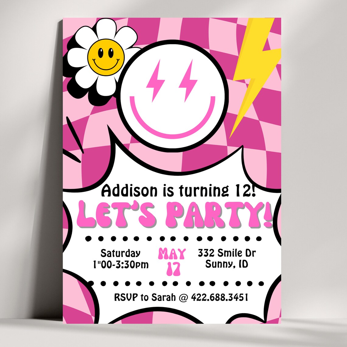 Happy Face Preppy Retro Birthday Invitation Smiley Face Lightning Bolt ...