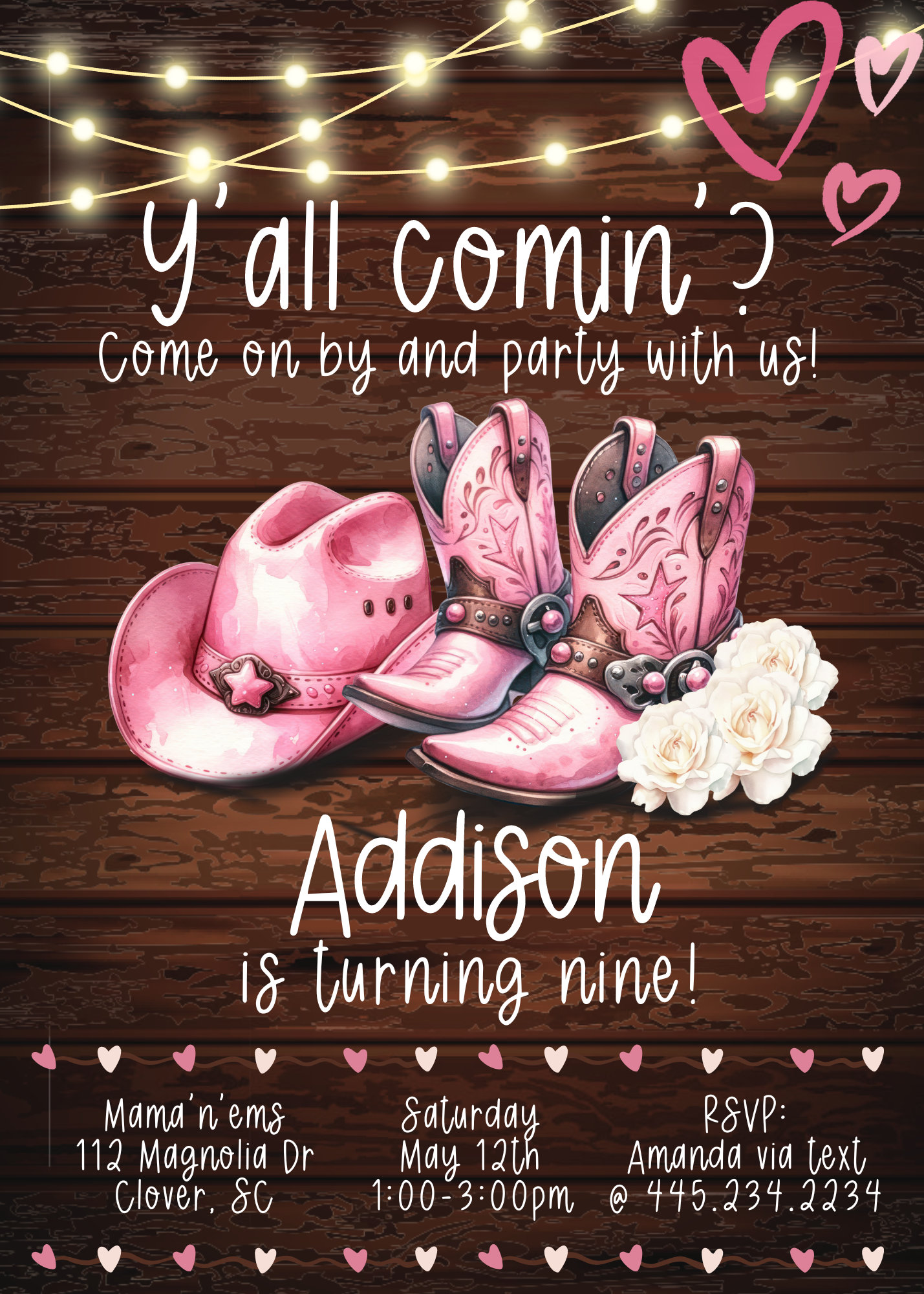 Country Girl Cowgirl Birthday Invitation Cowboy Boots and Cowboy Hat ...