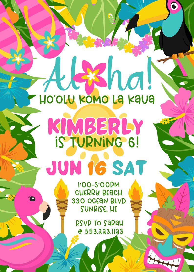 Aloha Luau Hawaiian Birthday Invitation With Flamingo, Bird, Flipflops ...