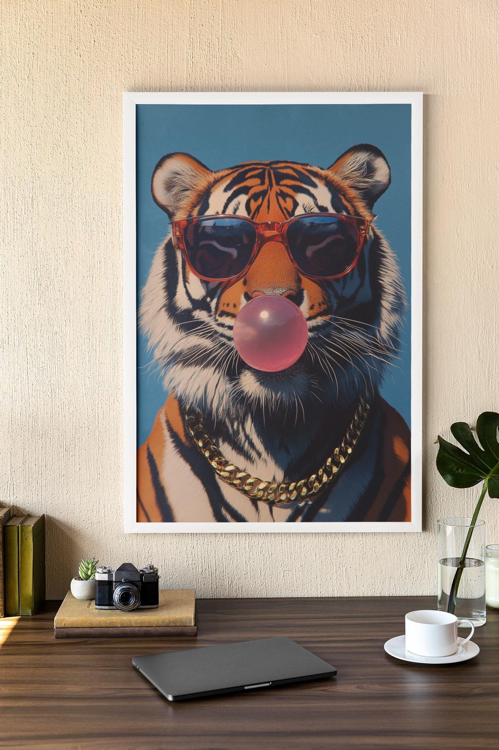 Tiger Bubble Gum Wall Art | Tiger With Sunglasses and Gold Chain ...