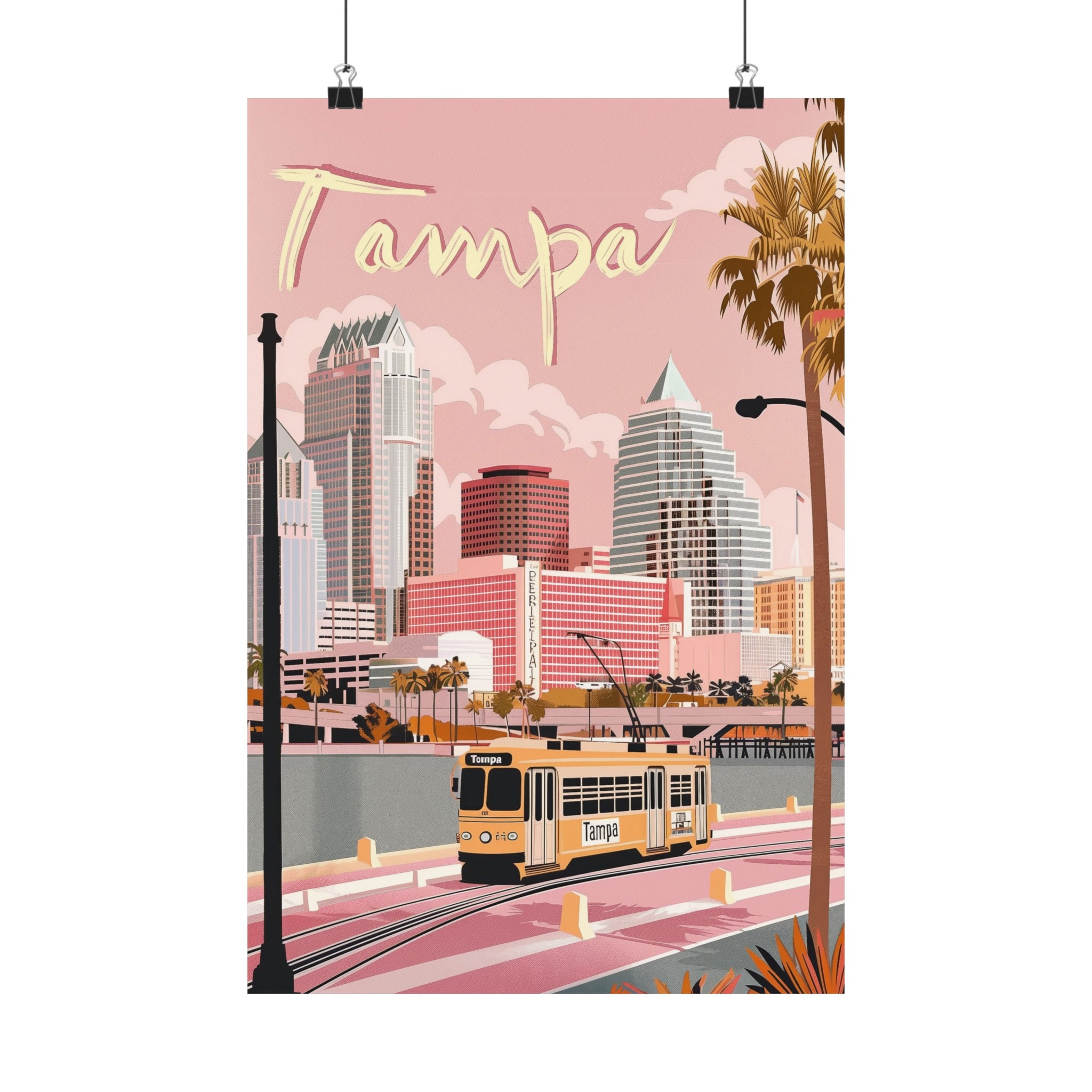 Tampa Riverwalk Retro Poster, Tampa Travel Poster, Pink Tampa Print ...