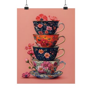 Elegant Floral Teacups Poster | Beautiful Stack of Vintage Teacups With ...
